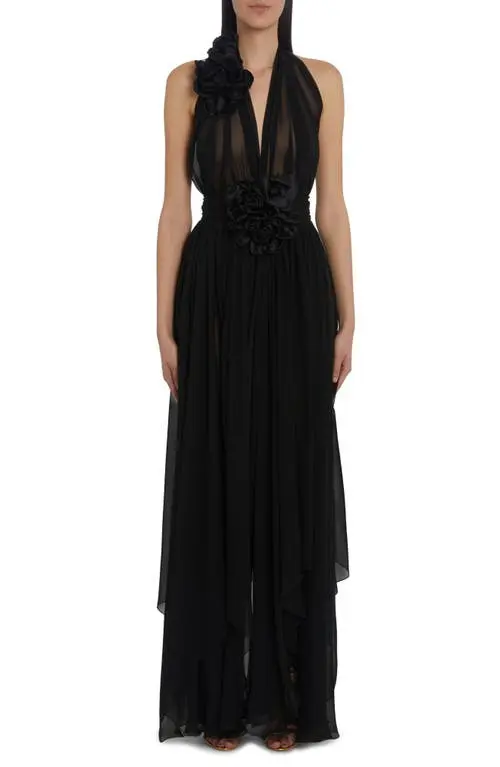 Dolce & Gabbana Rosette Detail Halter Neck Silk Chiffon Gown - Black