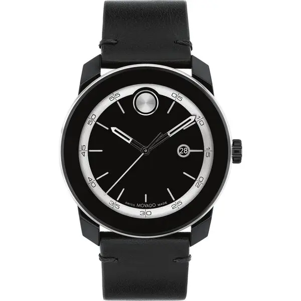 Movado Bold Tr90 Leather Strap Watch - Black