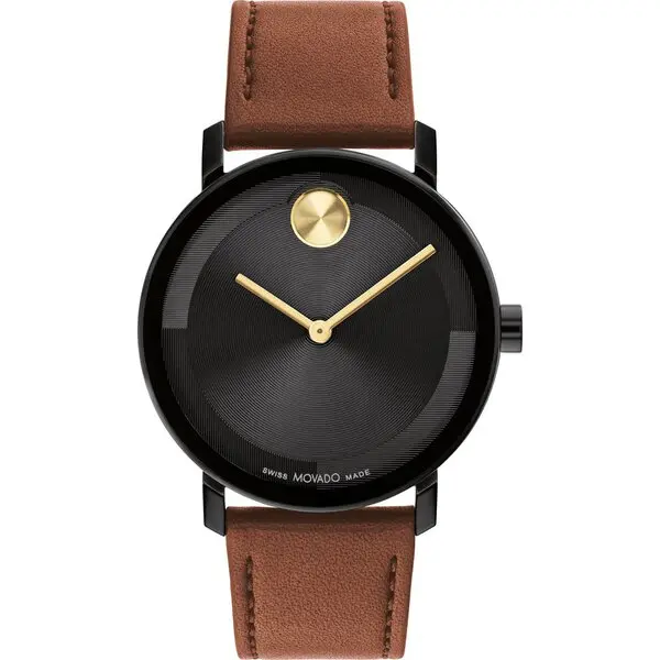 Movado Evolution 2.0 Leather Strap Watch - Black/ Brown