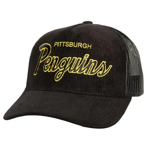 Mitchell & Ness Pittsburgh Penguins Times Up Classic Script Cord Trucker Adjustable Hat