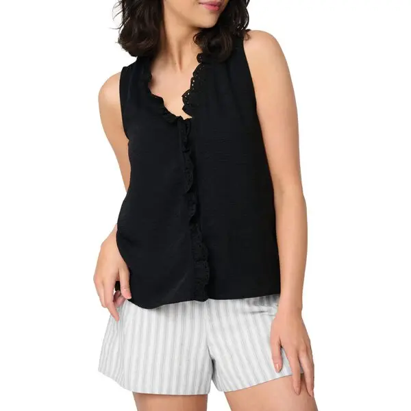 GIBSONLOOK Embroidered Eyelet Trim Button-up Top - Black