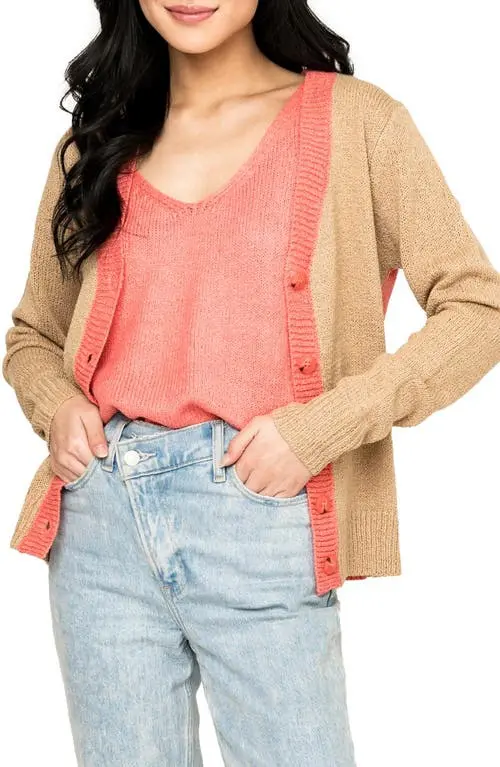 GIBSONLOOK Gigi Colorblock Cardigan - Natural Coral Rose
