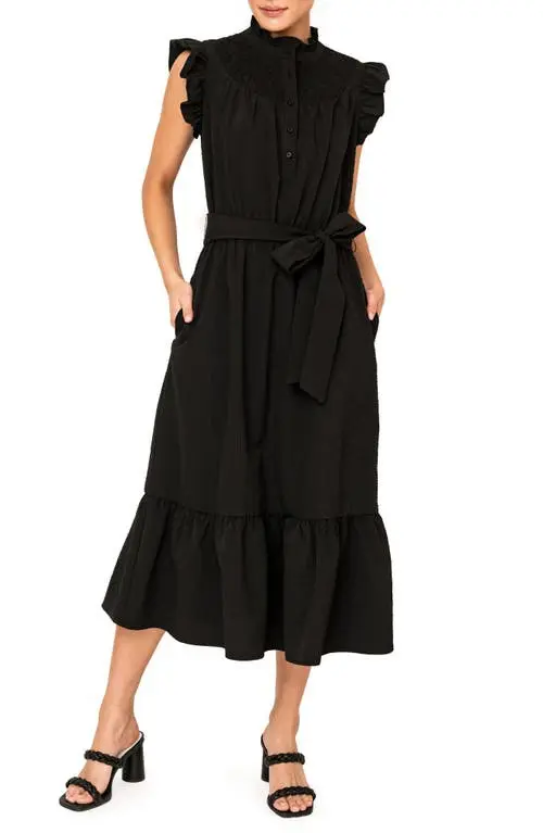 GIBSONLOOK Textured Smocked Ruffle Midi Dress