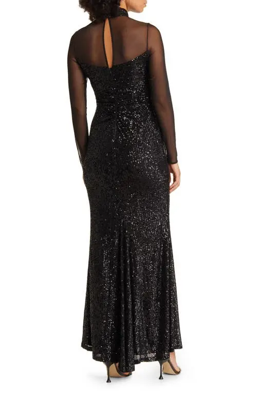 Eliza J Sequin Mesh Lace Long Sleeve Gown