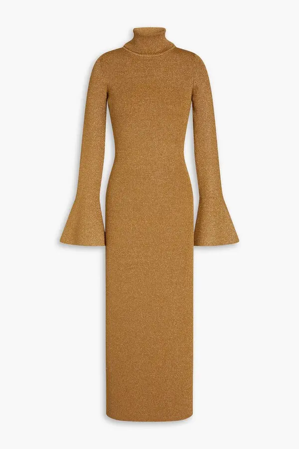 Ronny Kobo Metallic Ribbed-Knit Midi Dress In Camel - 85% Off | Editorialist