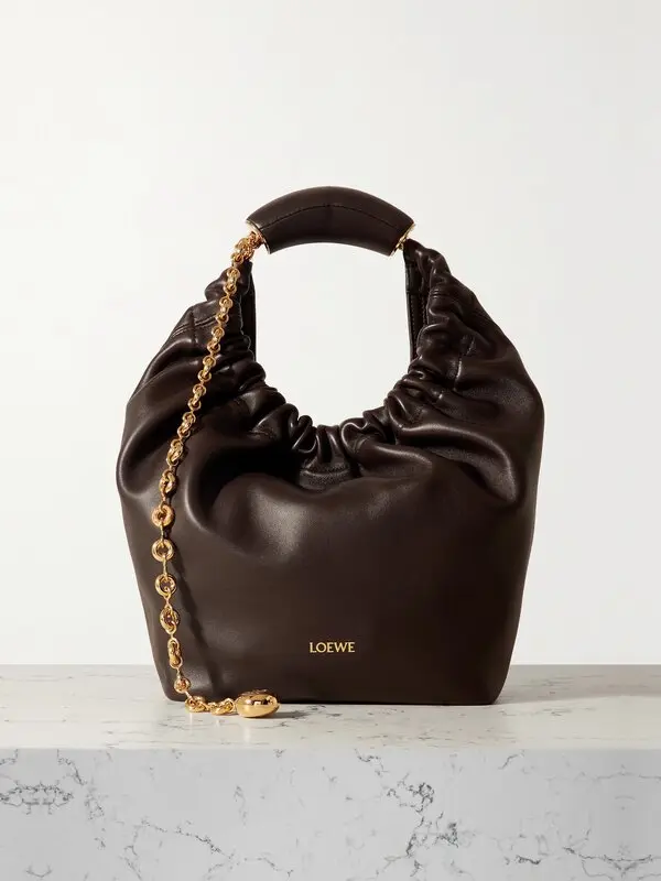 Loewe Chain-embellished Gathered Leather Shoulder Bag - Brown