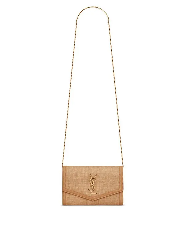 Saint Laurent Uptown Micro Raffia Chain Wallet - Natural Hay & Blush