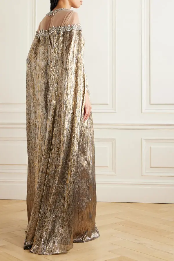 Oscar De La Renta Cape-Effect Crystal-Embellished Tulle-Trimmed Silk-Blend Lam  Gown In Gold - 60% Off | Editorialist