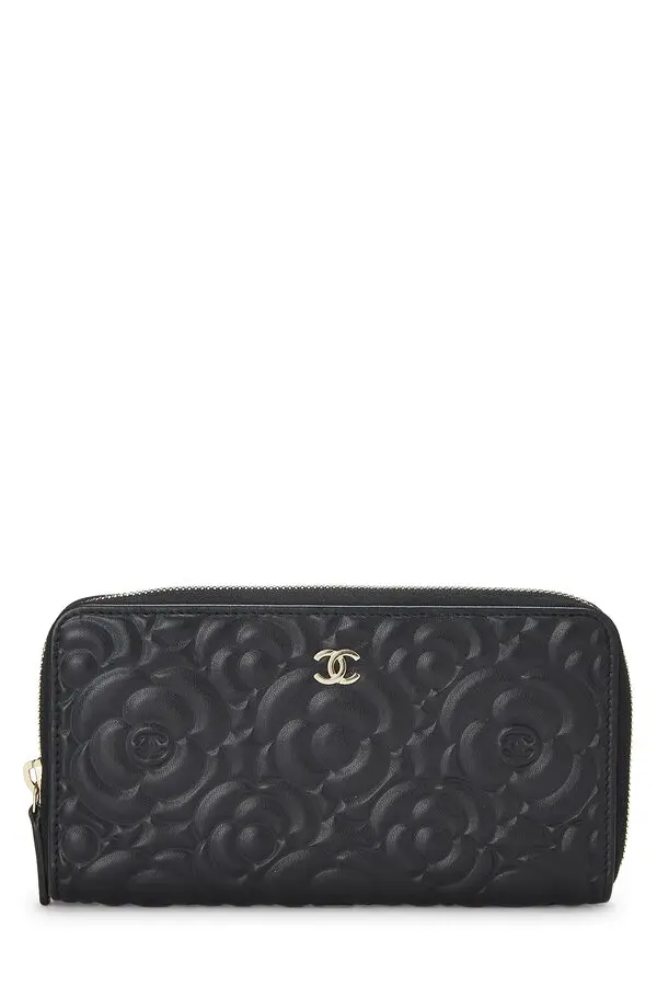Chanel Embossed Camellia Leather Zip Around Wallet