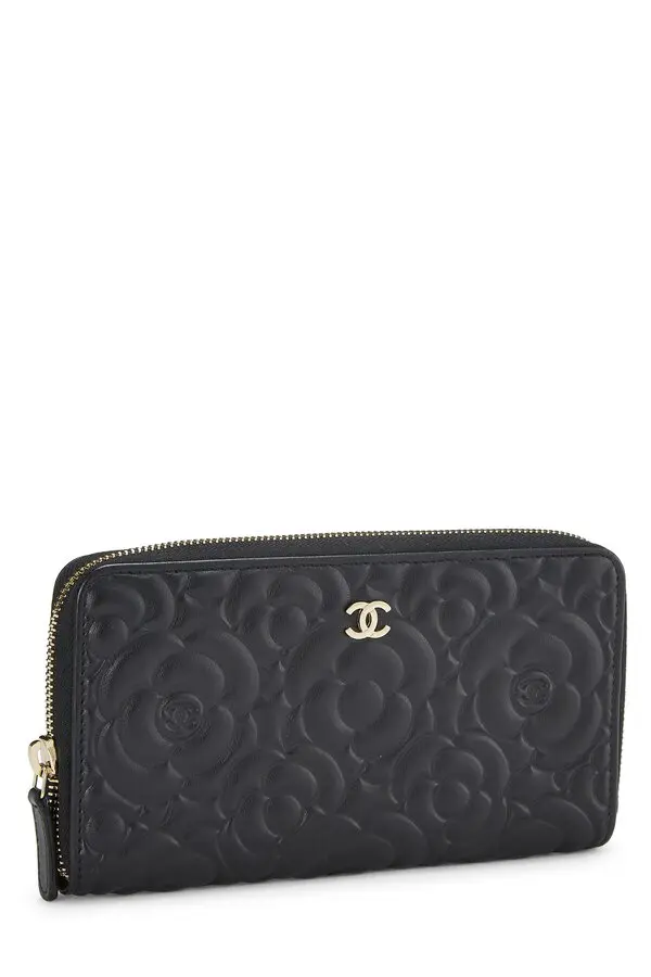Chanel Embossed Camellia Leather Zip Around Wallet