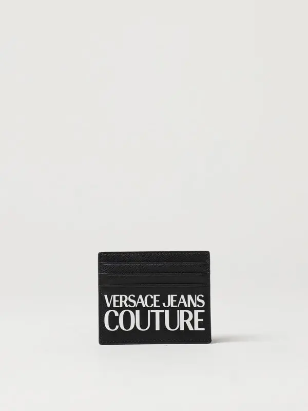 Versace Credit Card Holder In Saffiano Leather With Logo - Black