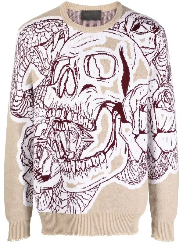 Philipp Plein Skull Patterned-intarsia Sweatshirt - Neutrals