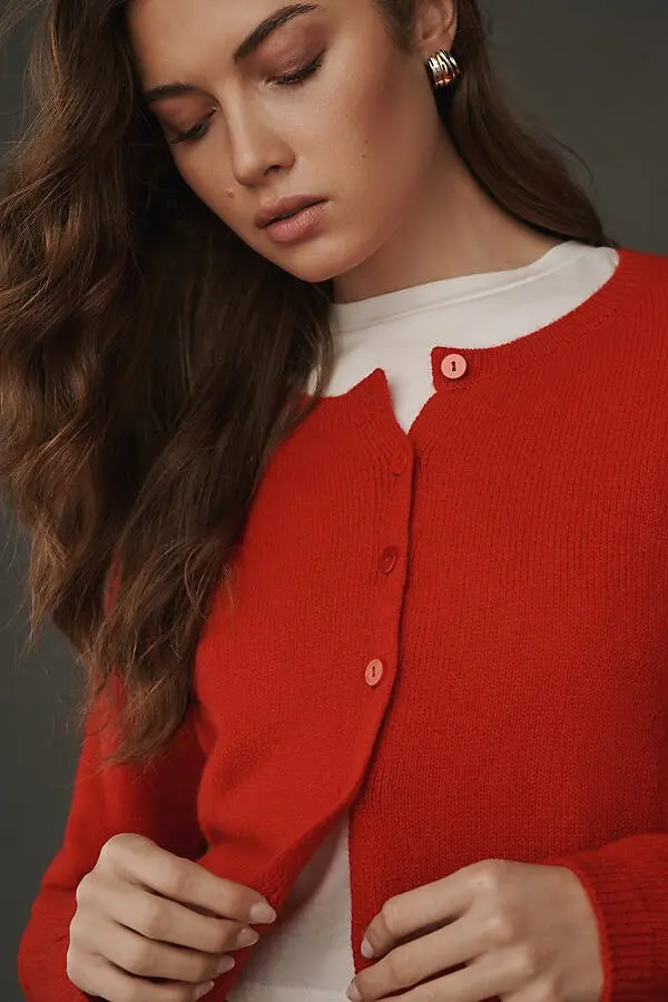 REFORMATION Clara Cashmere Crew Cardigan Sweater - Cherry