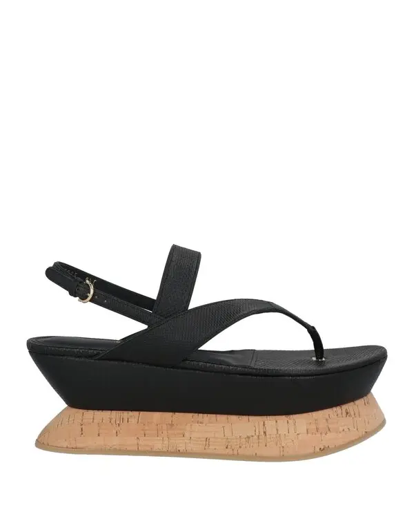 FERRAGAMO Leather Thong Wedge Sandals - Black