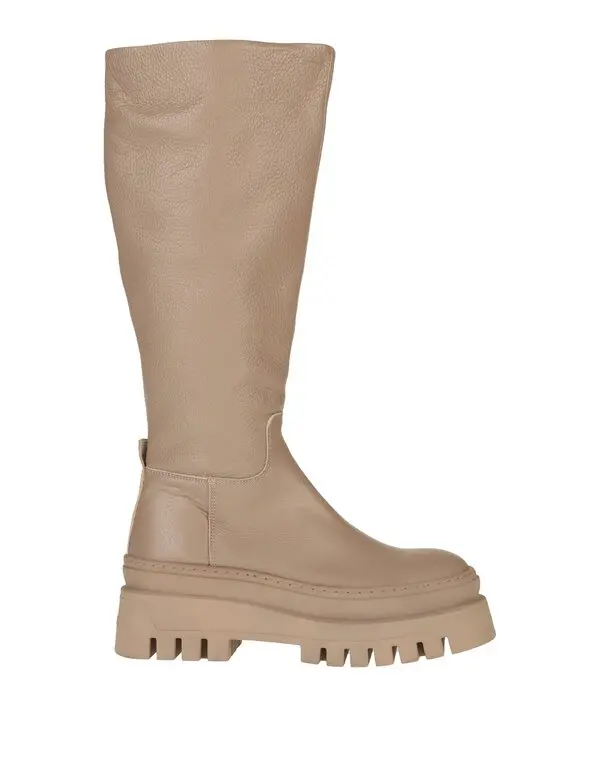 Steve Madden Knee High Leather Boots With Block Heel And Lug Sole - Beige