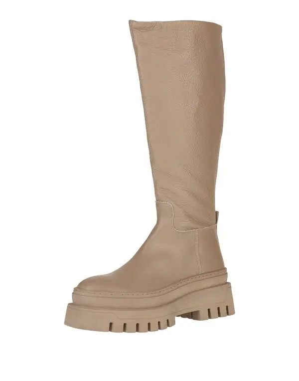 Steve Madden Knee High Leather Boots With Block Heel And Lug Sole - Beige