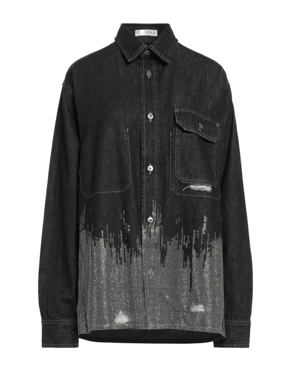 JW Anderson Distressed Denim Overshirt With Appliqués - Black
