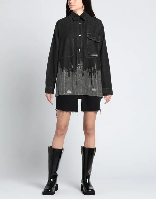 JW Anderson Distressed Denim Overshirt With Appliqués - Black