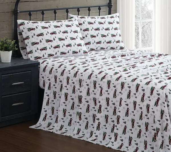 TRULY SOFT Holiday Truck Queen Flannel Sheet Se T - One-color