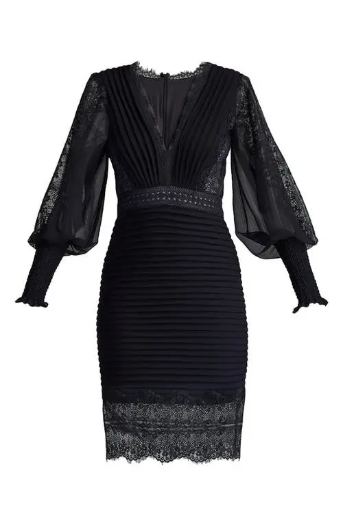 Tadashi Shoji Pleated Lace Long Sleeve Sheath Dress - Black
