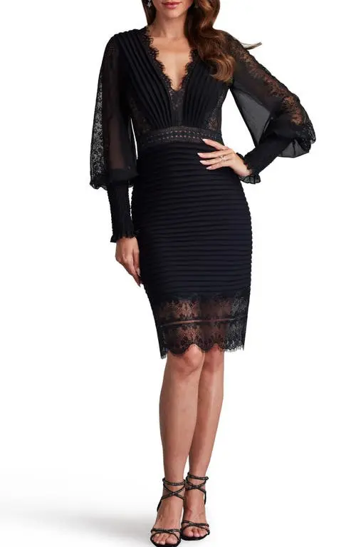 Tadashi Shoji Pleated Lace Long Sleeve Sheath Dress - Black