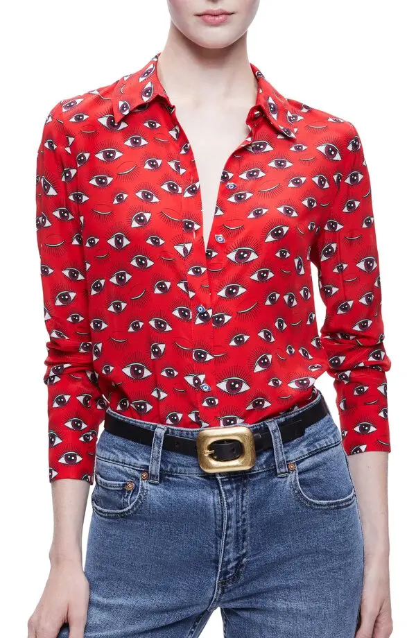 Alice + Olivia Willa Eye Print Silk Blouse
