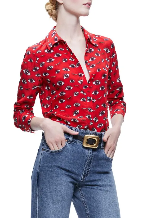 Alice + Olivia Willa Eye Print Silk Blouse