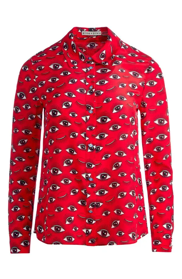 Alice + Olivia Willa Eye Print Silk Blouse