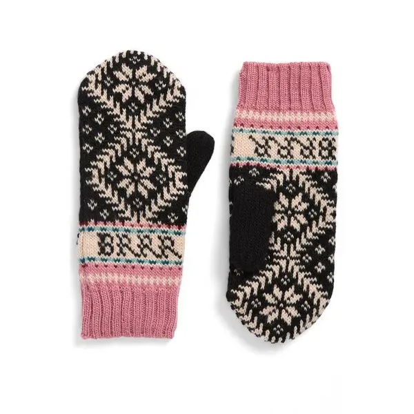 FRENCH KNOT Fleece Lined Nordic Wool Mittens - Black