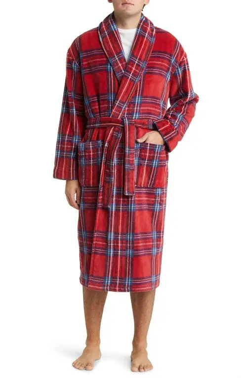 Majestic International Plaid Shawl Collar Fleece Robe - Cherry
