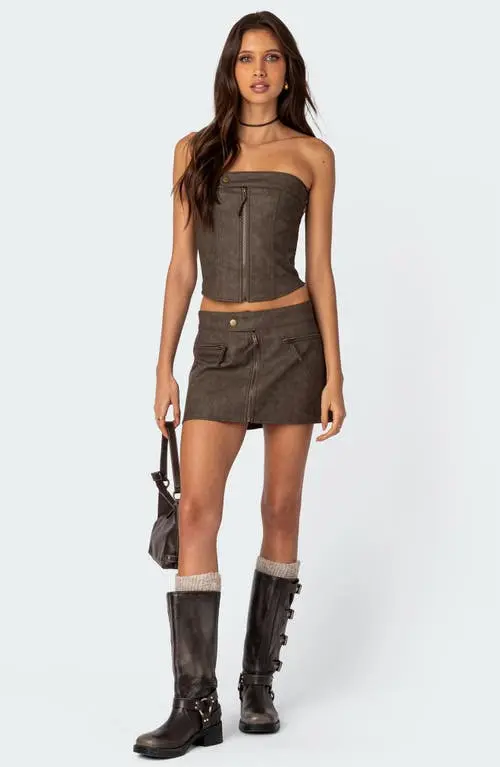 EDIKTED Ziva Faux Leather Strapless Corset Top - Brown