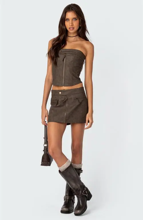 EDIKTED Ziva Faux Leather Strapless Corset Top - Brown