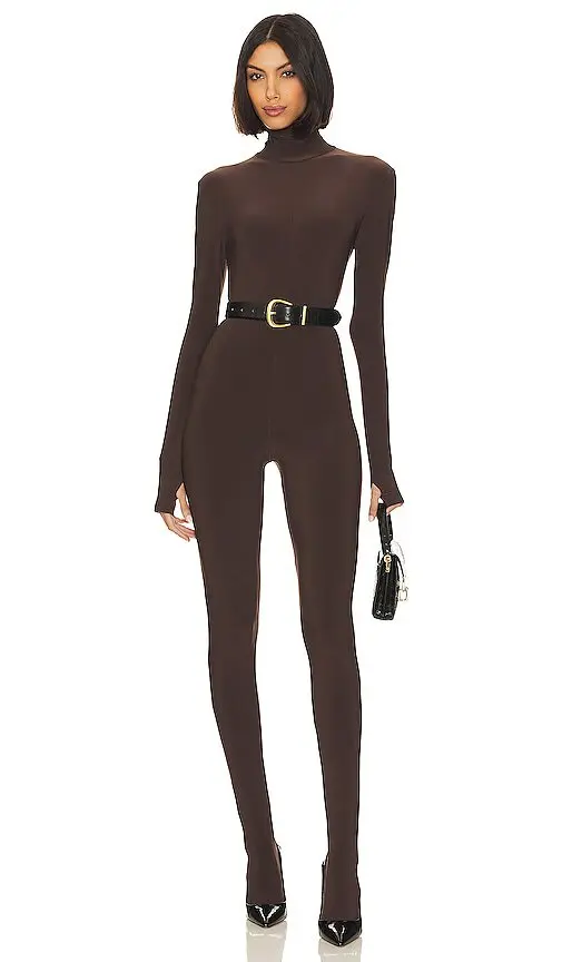 Norma Kamali Slim Fit Turtle Catsuit With Footsie - Chocolate