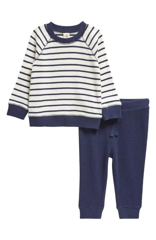 TUCKER + TATE Long Sleeve Waffle Knit Cotton Top & Joggers Set - Navy Peacoat Stripe- Navy