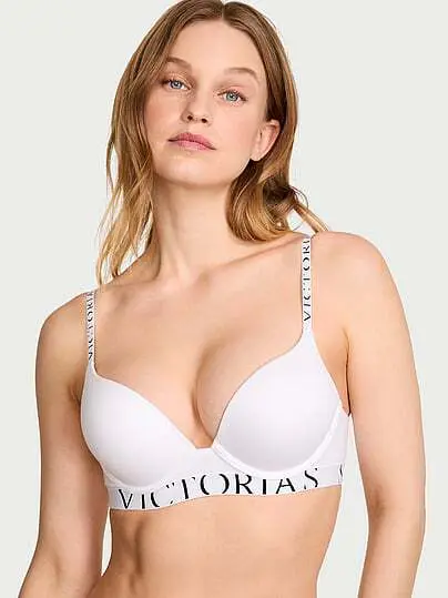 Victoria's Secret The T-shirt Bombshell Add-2-cups Cotton Exploded Logo Push-up Bra - White,ivory