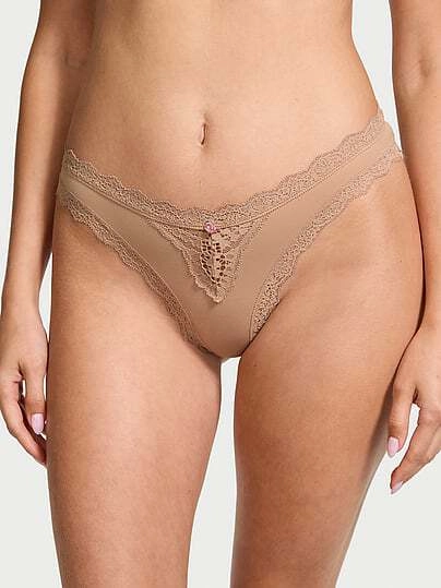 Victoria's Secret Dream Angels Mesh Lace-trim Thong Panty - Beige