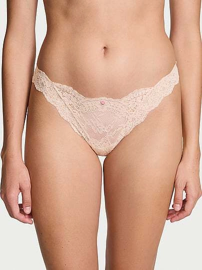 Victoria's Secret Dream Angels Sweet Melody Motif Lace Thong Panty - Beige