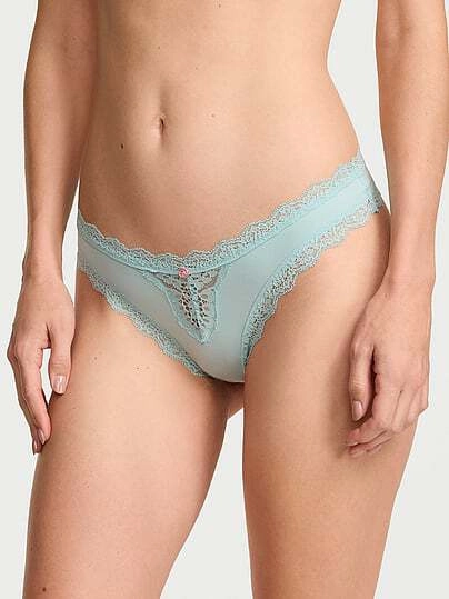 Victoria's Secret Dream Angels Mesh Lace-trim Twinkle Bow Thong Panty - Blue