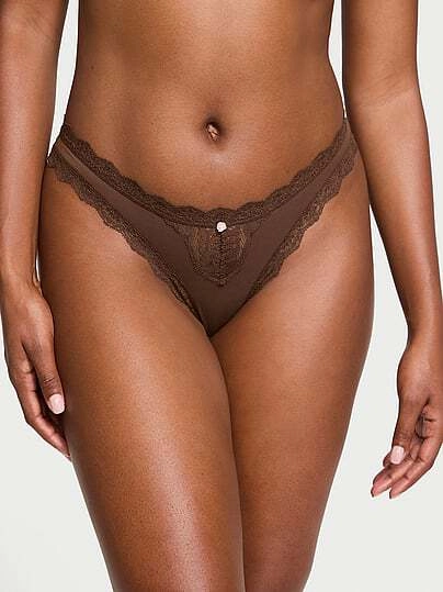 Victoria's Secret Dream Angels Mesh Lace-trim Thong Panty - Brown