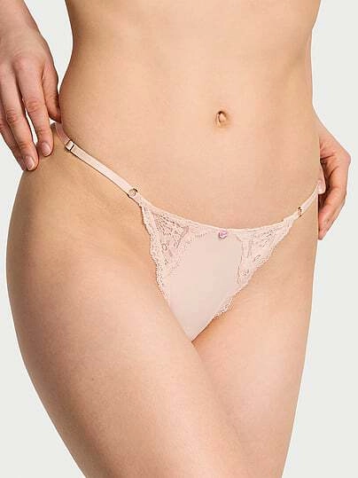 Victoria's Secret Dream Angels Ribbon Slot Mesh V-string Panty - Beige