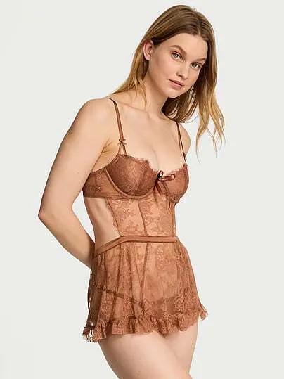 Victoria's Secret Very Sexy Wicked Unlined Rose Lace Apron Set - Brown
