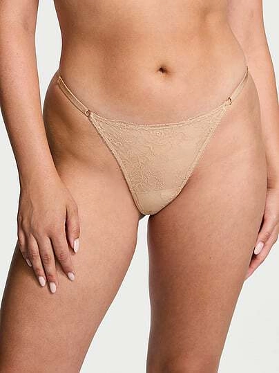 Victoria's Secret Very Sexy Rose Lace Adjustable Charm V-string Panty - Beige