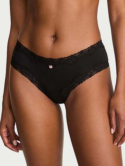 Victoria's Secret Lace Trim Cotton Lace-waist Cheeky Panty - Black