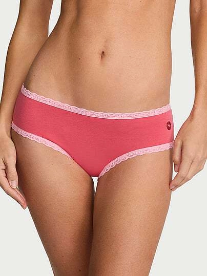 Victoria's Secret Lace Trim Cotton Shadow Stripe Lace-waist Cheeky Panty - Red