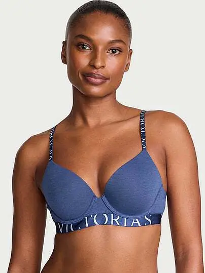 Victoria's Secret The T-shirt Perfect Shape Cotton Shadow Stripe Lace-trim Push-up Bra - Blue