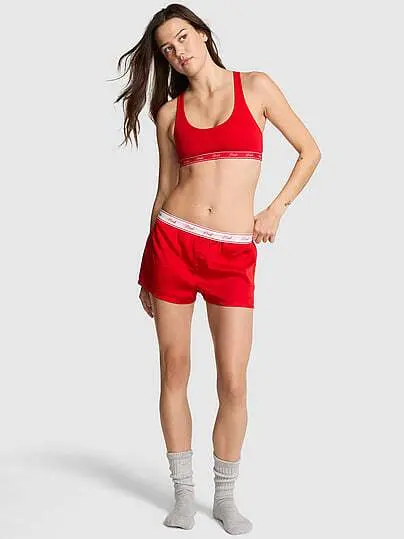 Pink Boxy Cotton Pajama Shorts - Red