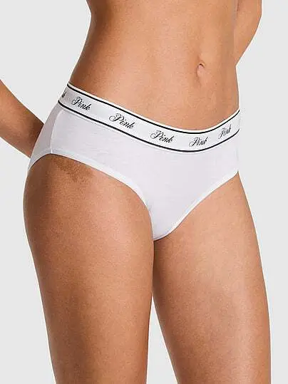 Pink Logo Cotton Hiphugger Panty - White,ivory