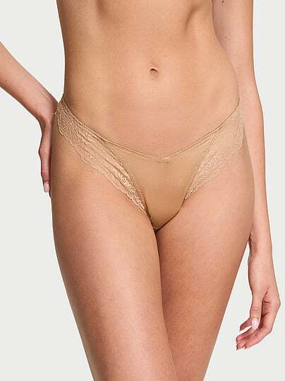 Victoria's Secret Very Sexy Sheer Reveal Mesh-trim Strappy-back Thong Panty - Beige