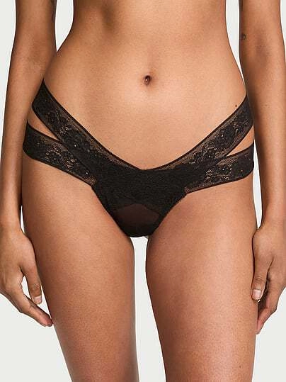 Victoria's Secret Very Sexy Rose Lace Strappy Cut-out Thong Panty - Black