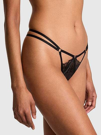 Victoria's Secret Very Sexy Rose Lace-trim Cut-out Thong Panty - Black